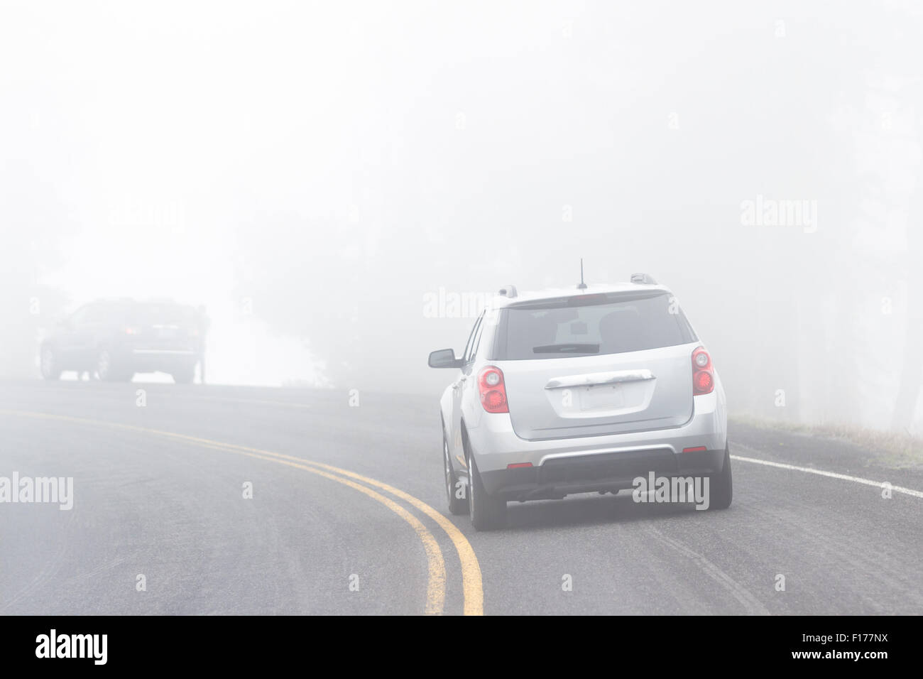 view of a car driving on a paved road with extremely limited visibility ...