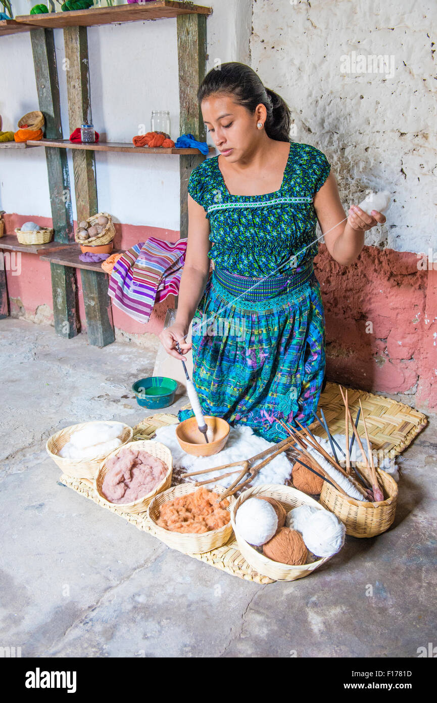 Mayan woman weaving with strap loom in San Juan la laguna , Guatemala ...