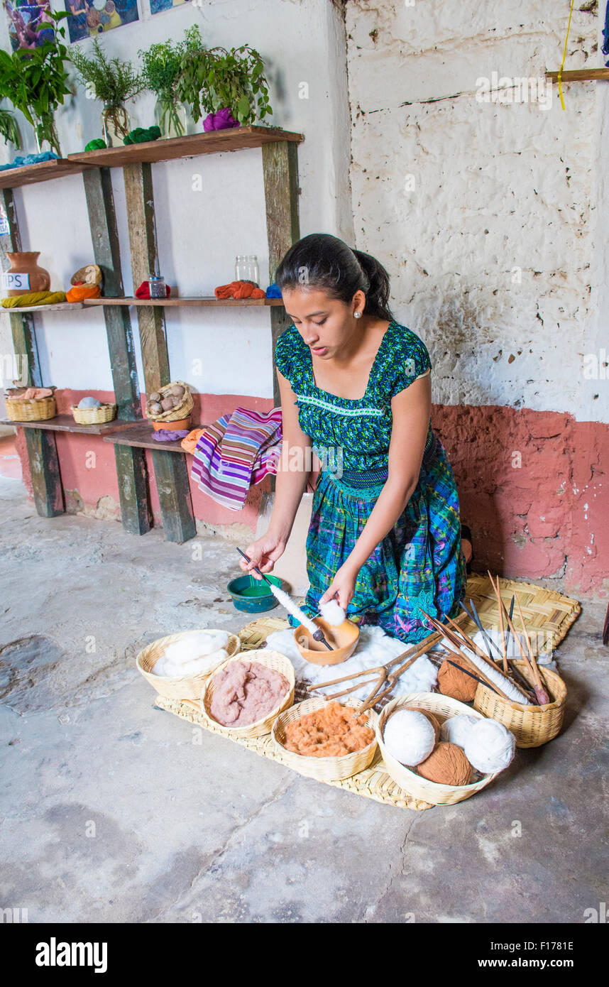 Mayan woman weaving with strap loom in San Juan la laguna , Guatemala ...