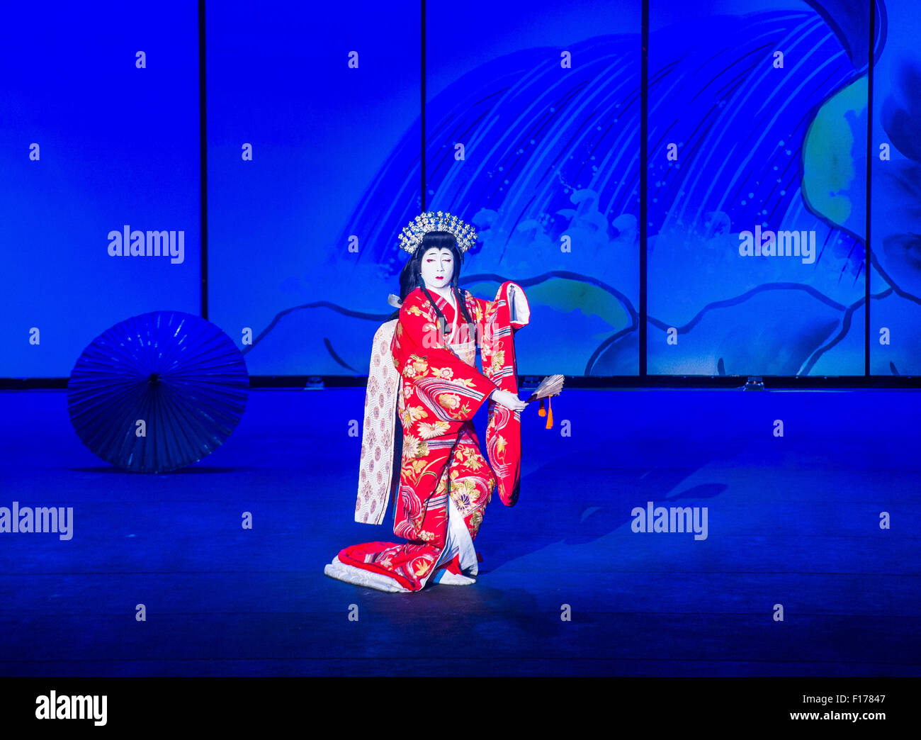 Traditional Japanese Kabuki performance in front of the Bellagio hotel ...