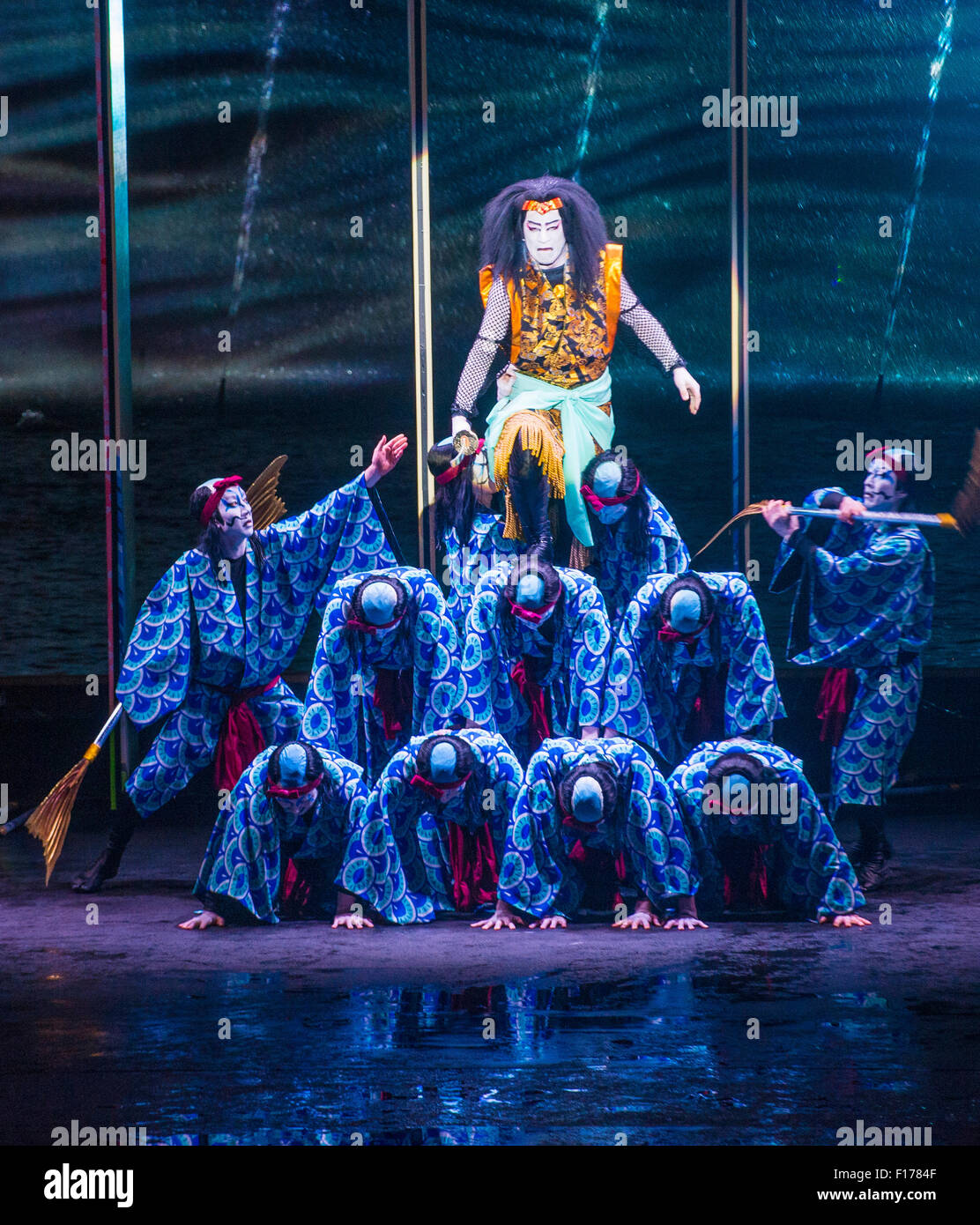 Traditional Japanese Kabuki performance in front of the Bellagio hotel ...