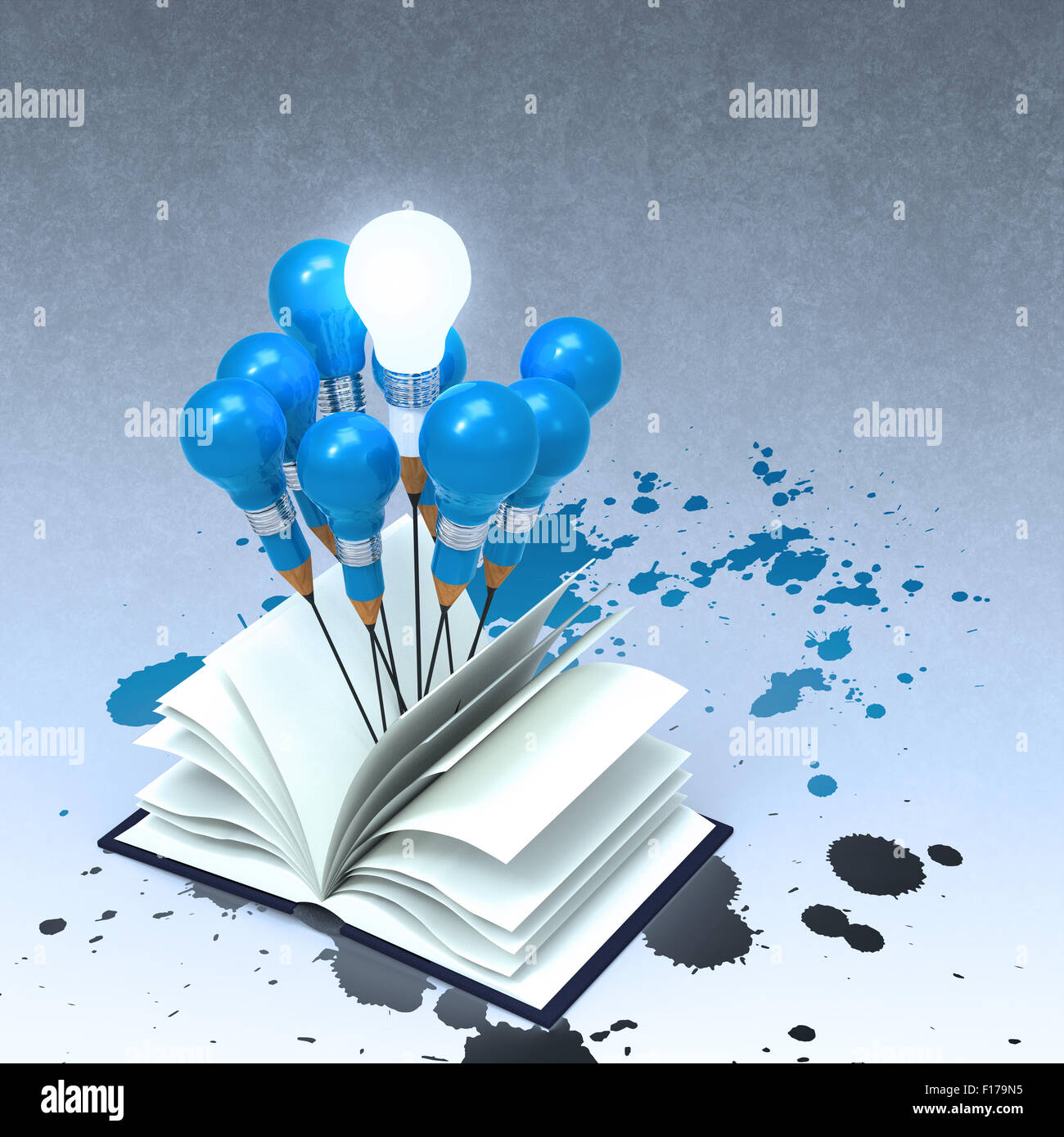 drawing idea pencil and light bulb concept outside the book with splash ...