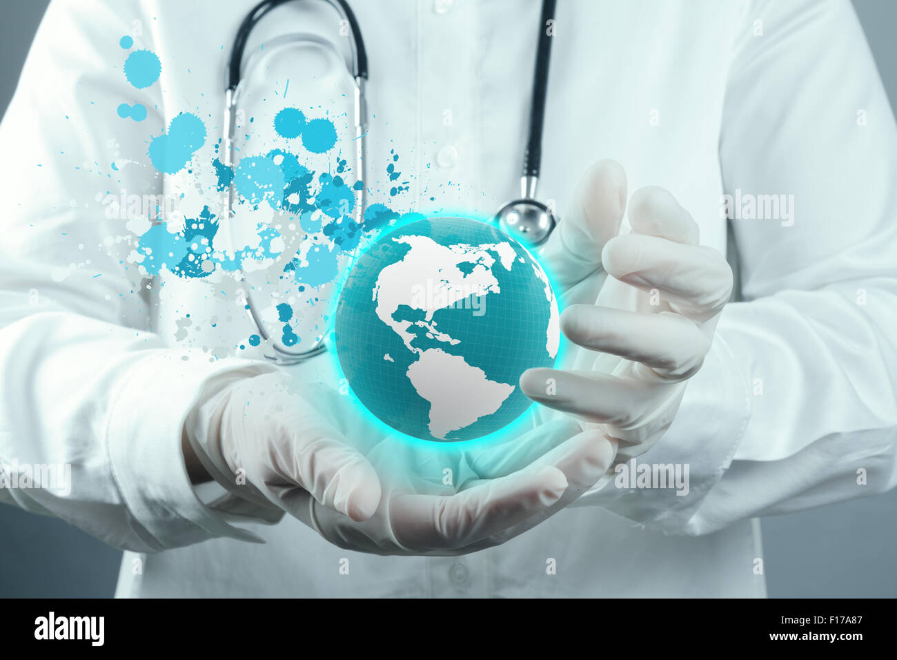 Doctor Holding World Globe and splash colors In Her Hands, Concept Of ...