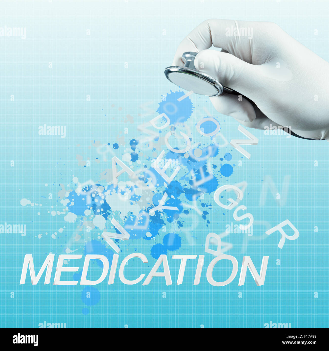 Stethoscope in hand with medication word and splash colors as medical ...