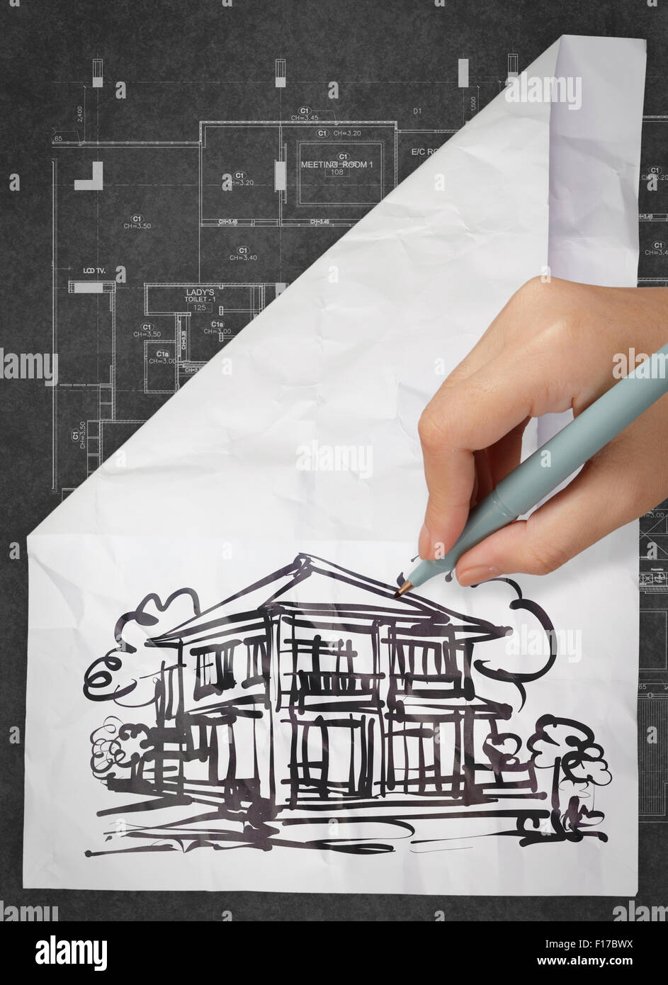 hand drawing house on wrinkled paper as concept Stock Photo - Alamy