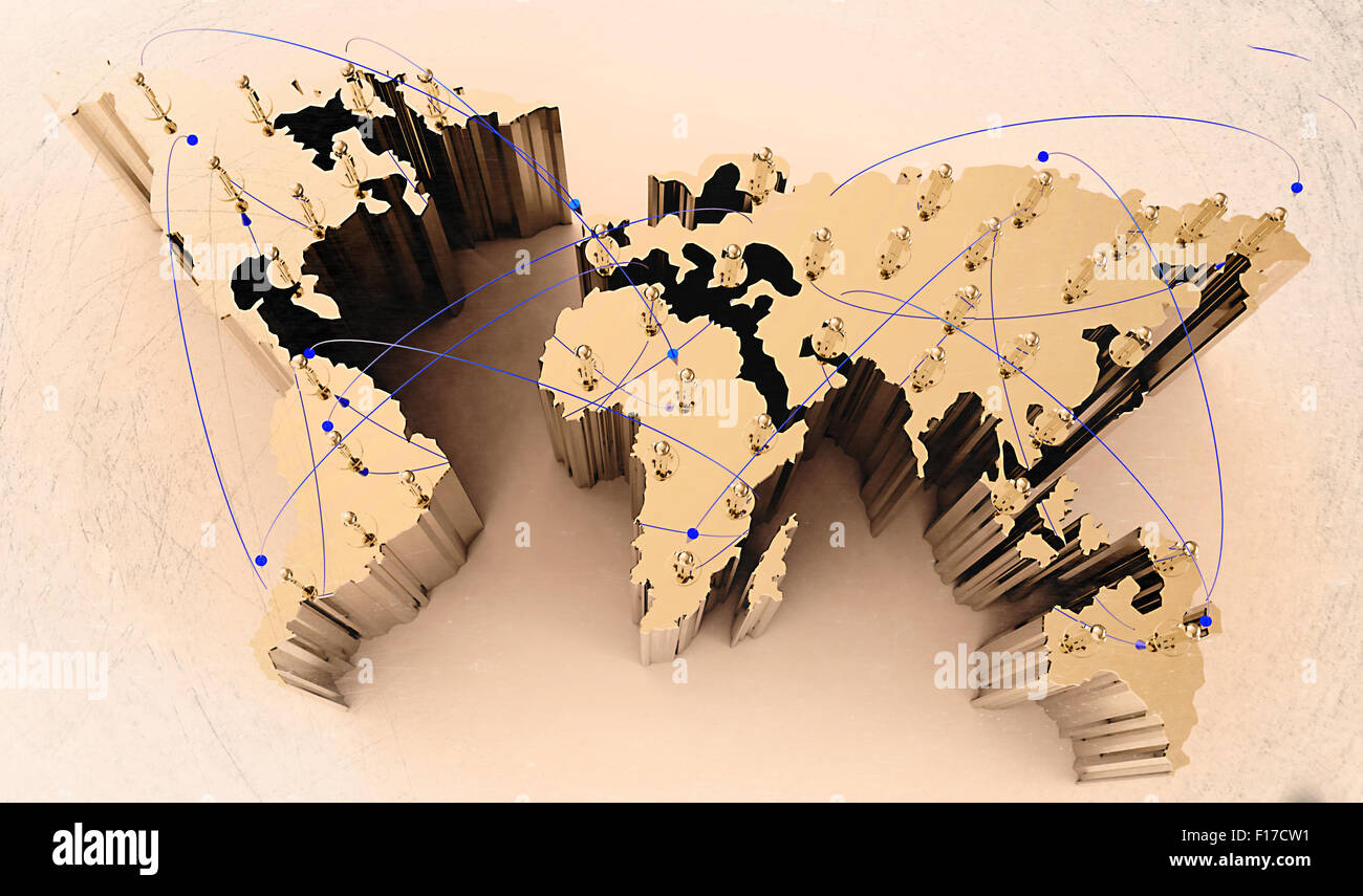 social network human 3d on world map as vintage style concept Stock ...