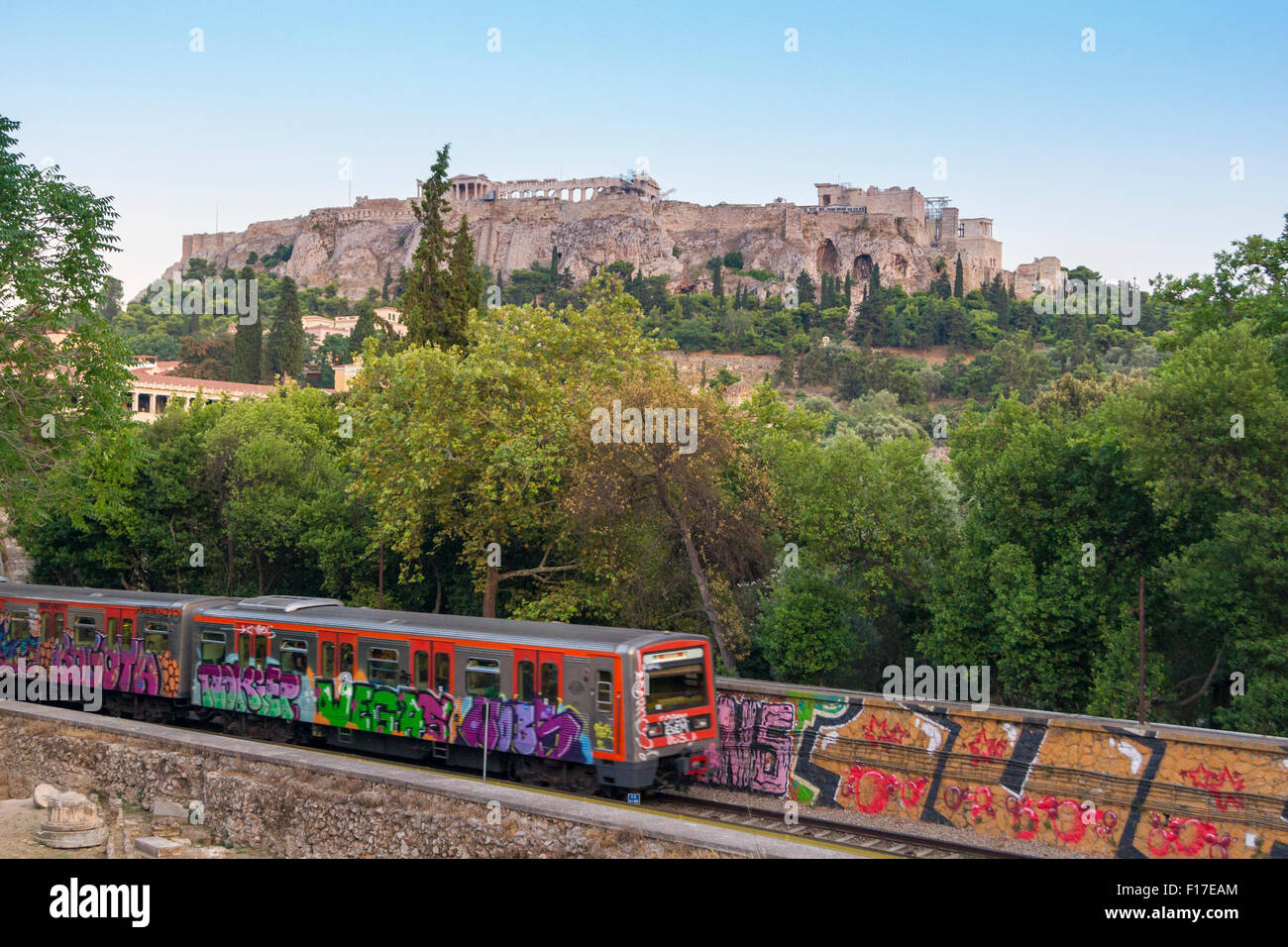 Acropolis and a Metro train in Athens, Greece Stock Photo - Alamy