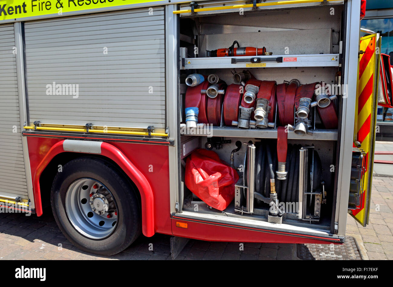 Maidstone, Kent, England, UK. Hoses in the back of a fire truck Stock ...