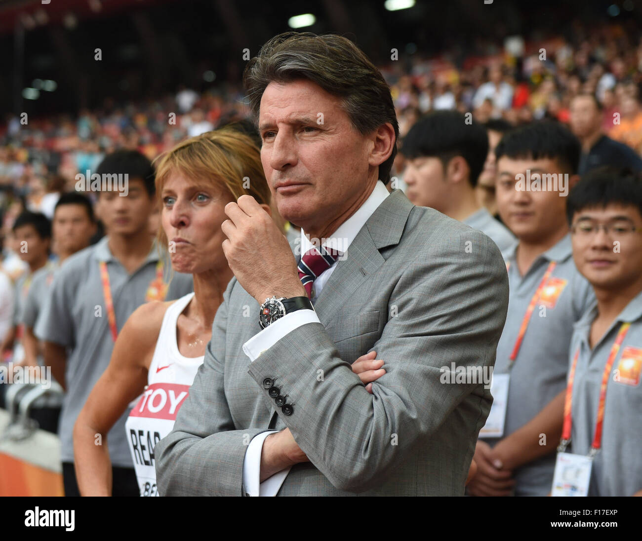 Beijing, China. 29th Aug, 2015. IAAF President Sebastian Coe watches ...