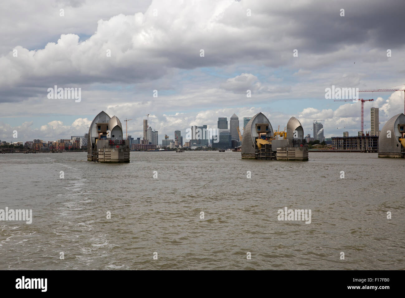 The Thames barrier in Woolwich taken from a boat on the River Thames ...