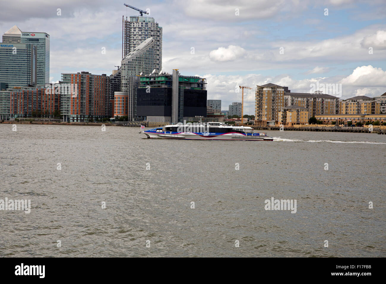 Riverside apartments and office buildings as seen from the River Thames ...