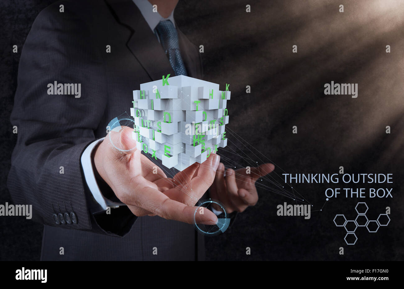 businessman hand shows word thinking outside the box as concept Stock ...