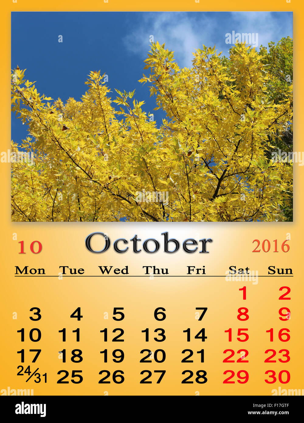 calendar for October 2016 with yellow leaves on the tree and blue sky ...