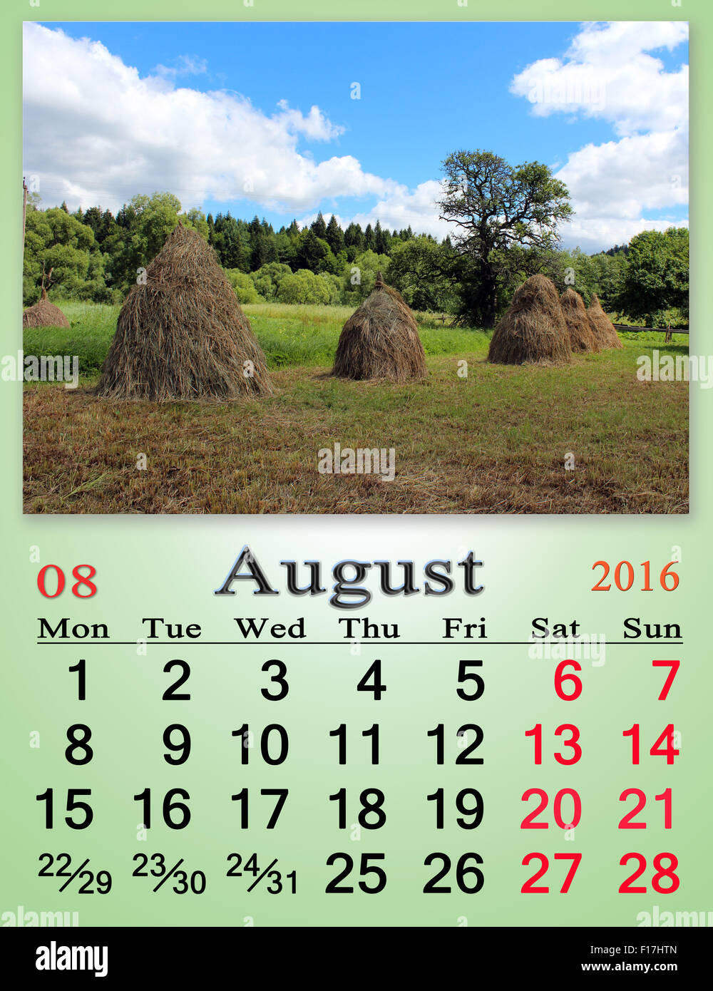 calendar for August 2016 on the background of stack of hay Stock Photo ...