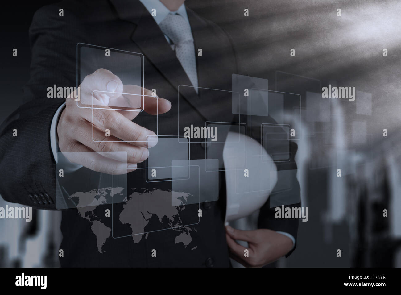 engineer hand pushing on a touch screen interface as concept Stock ...