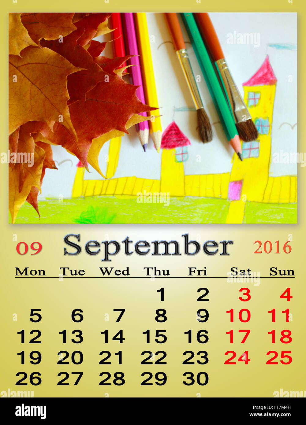 calendar for September 2016 with childish drawings and yellow maple ...