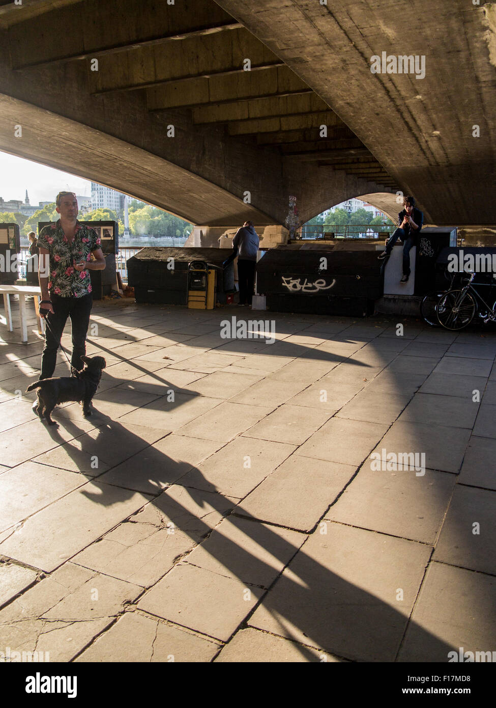 A man stands in the sunshine under waterloo bridge on the south bank in ...