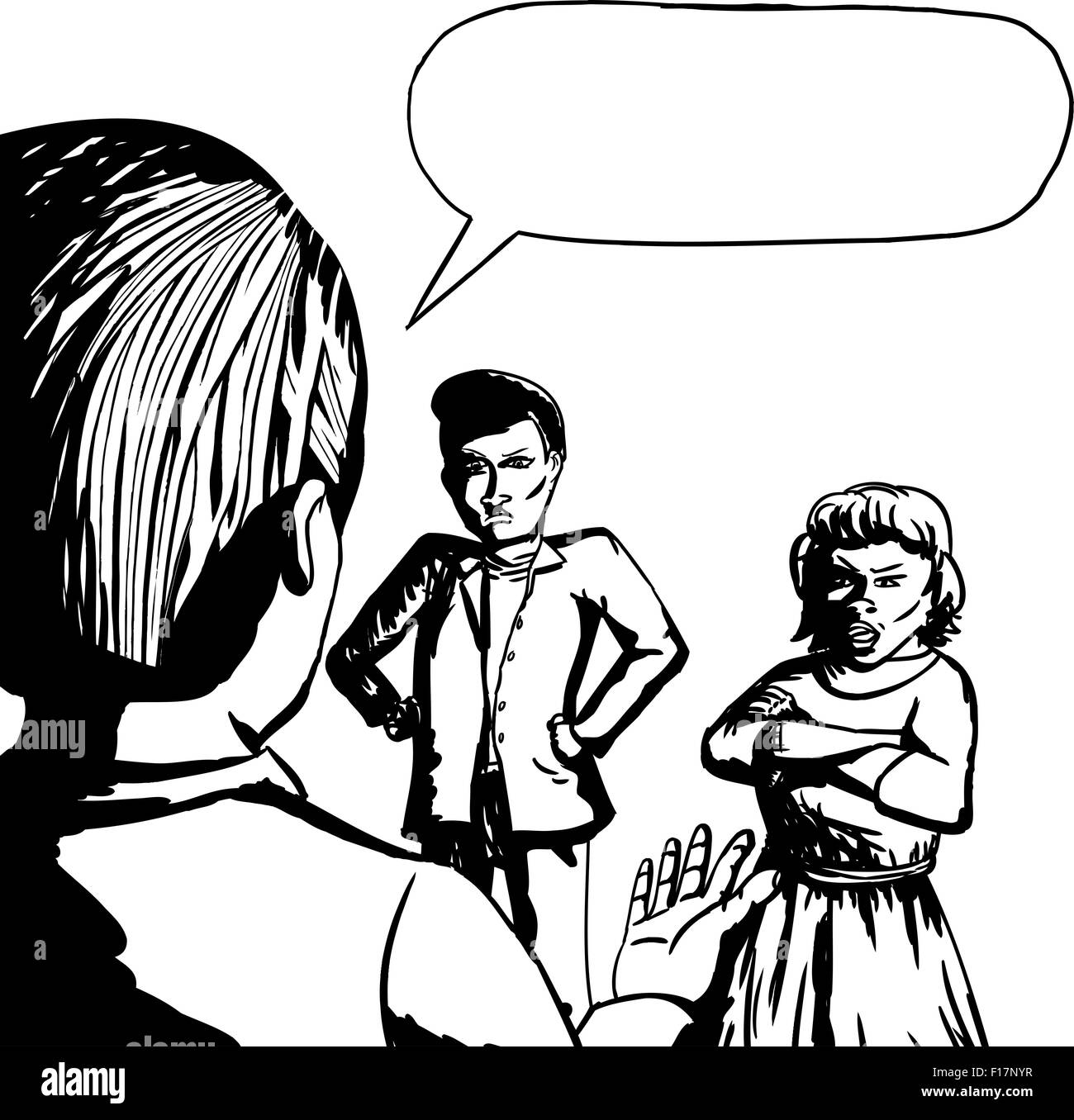 Outline of three people arguing over white background Stock Photo - Alamy