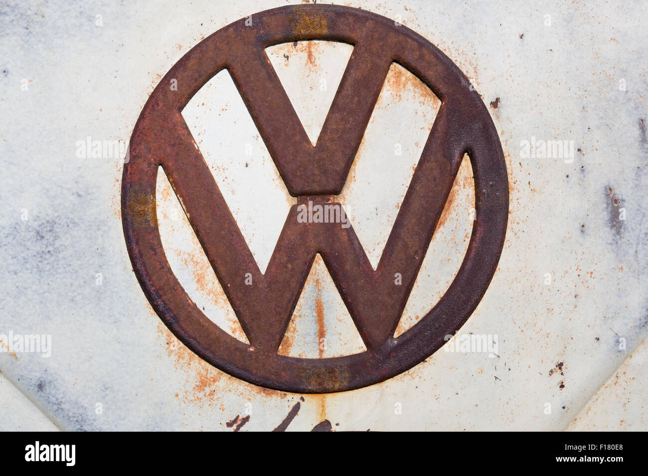 1966 Front view of a Volkswagen split screen camper van rusty VW Badge ...