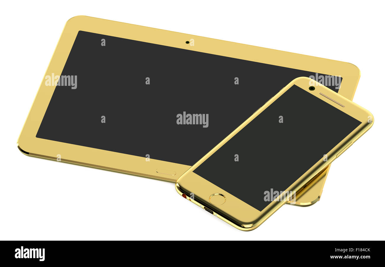 Golden Tablet Computer and Smartphone isolated on white background ...