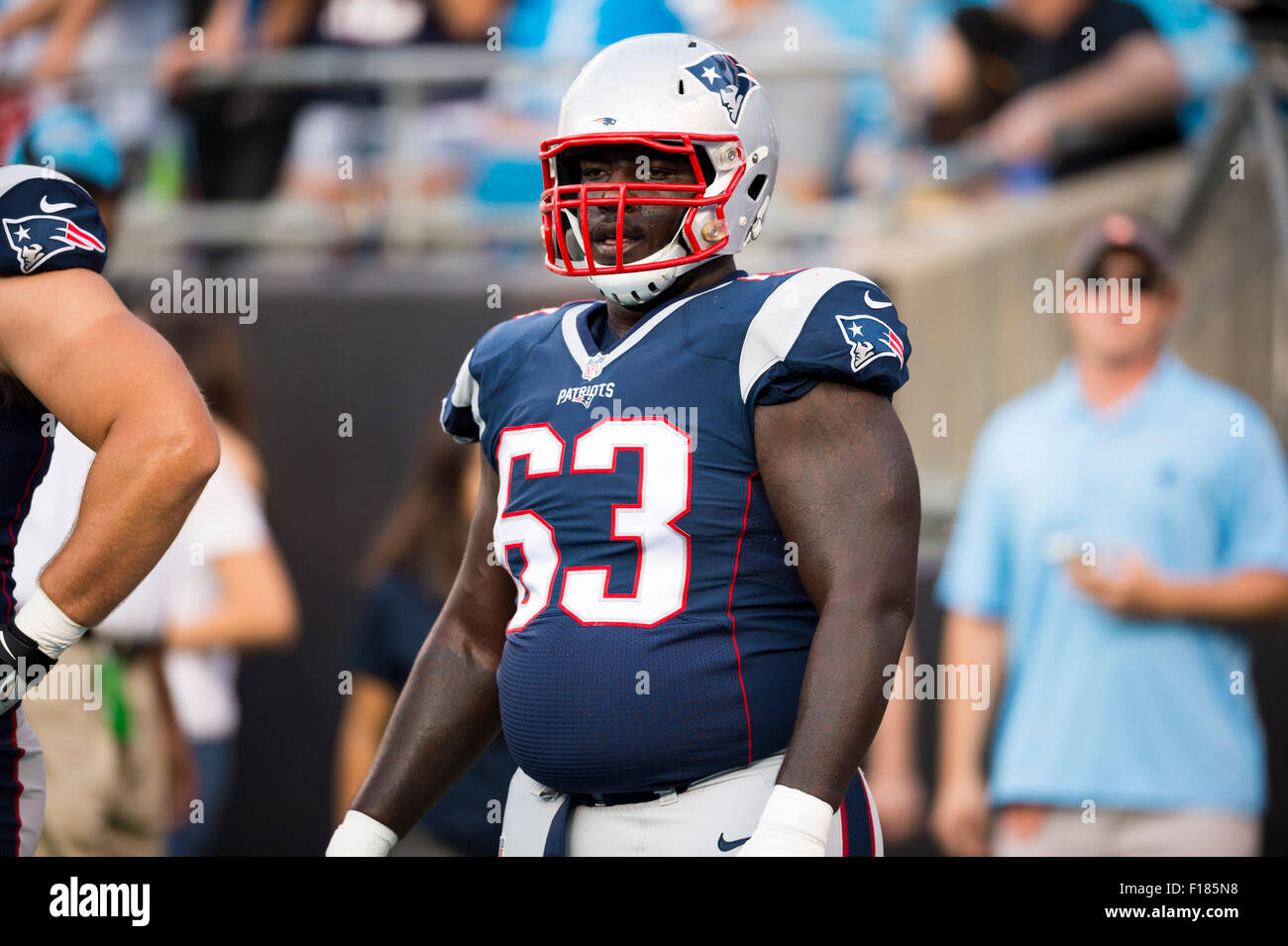 New England Patriots offensive guard Tre' Jackson (63) during warmups ...