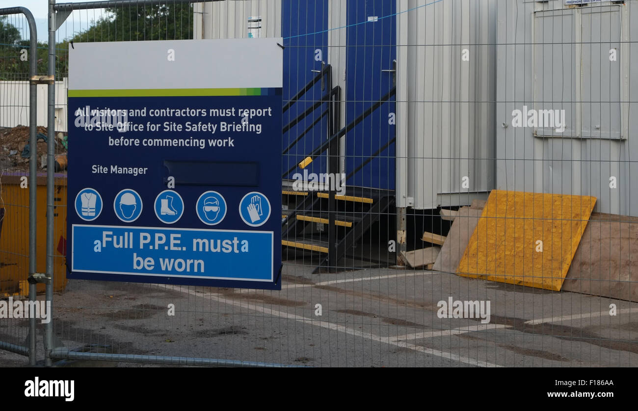 PPE safety signs at a construction workers compound at Yatton rail ...