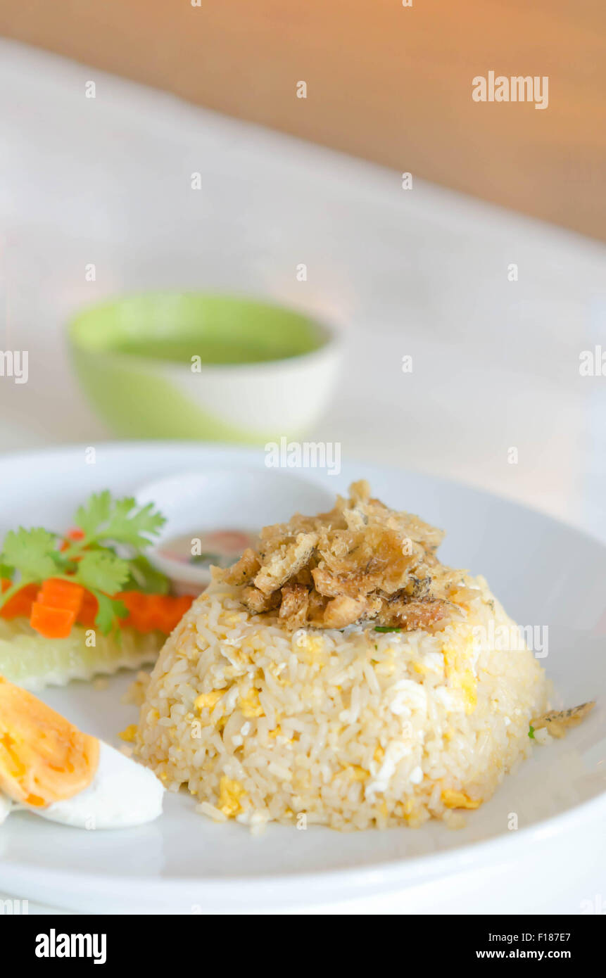 Chinese cuisine, fried rice with fish , salted egg and fresh vegetable ...