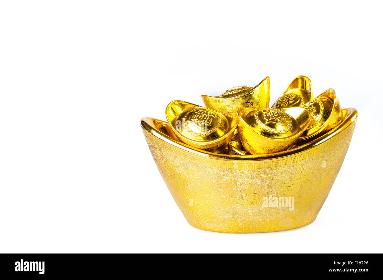 Chinese gold ingots (Foreign text means blessing) decoration isolated ...
