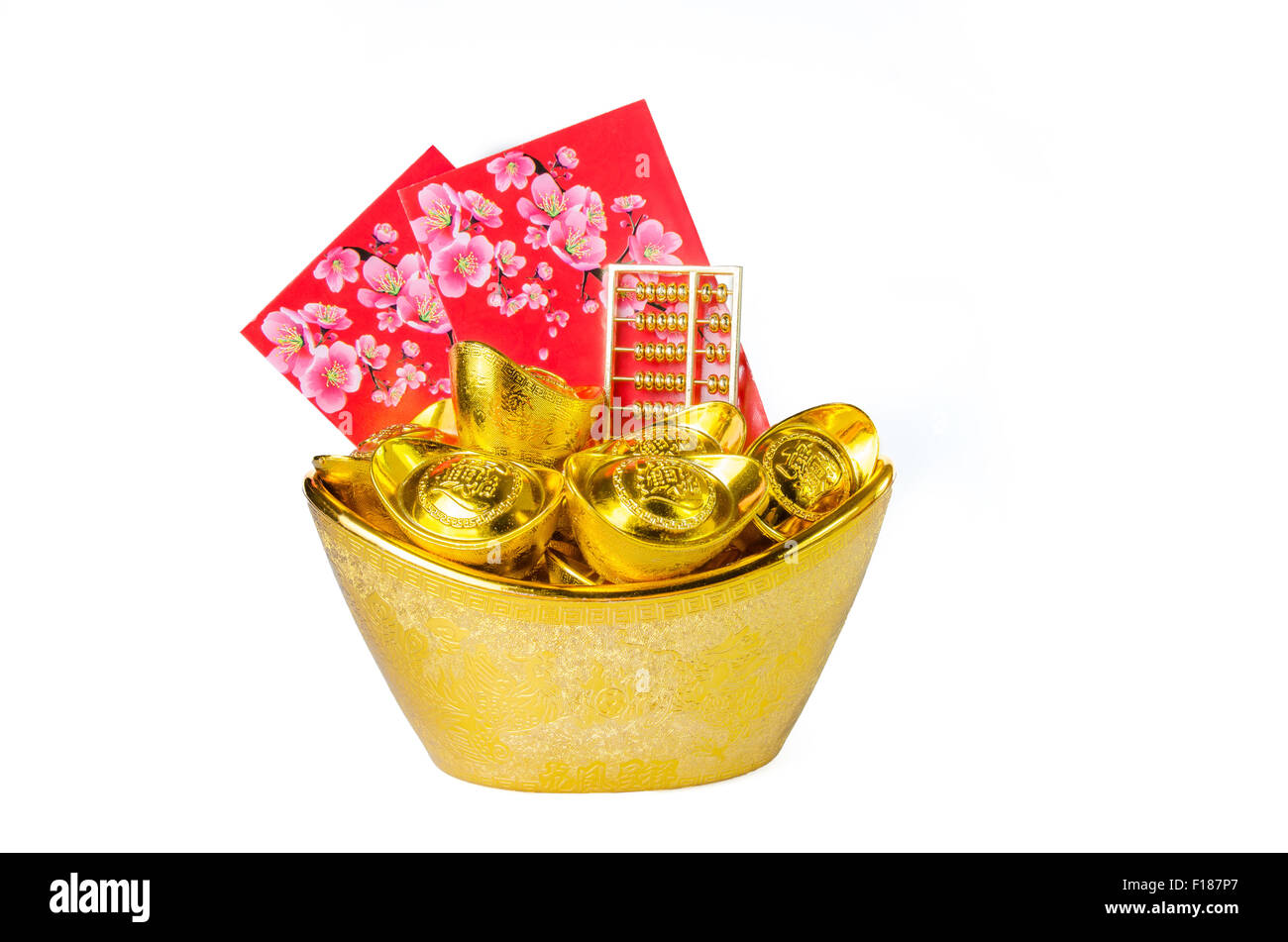 Chinese gold ingots (Foreign text means blessing) decoration isolated ...