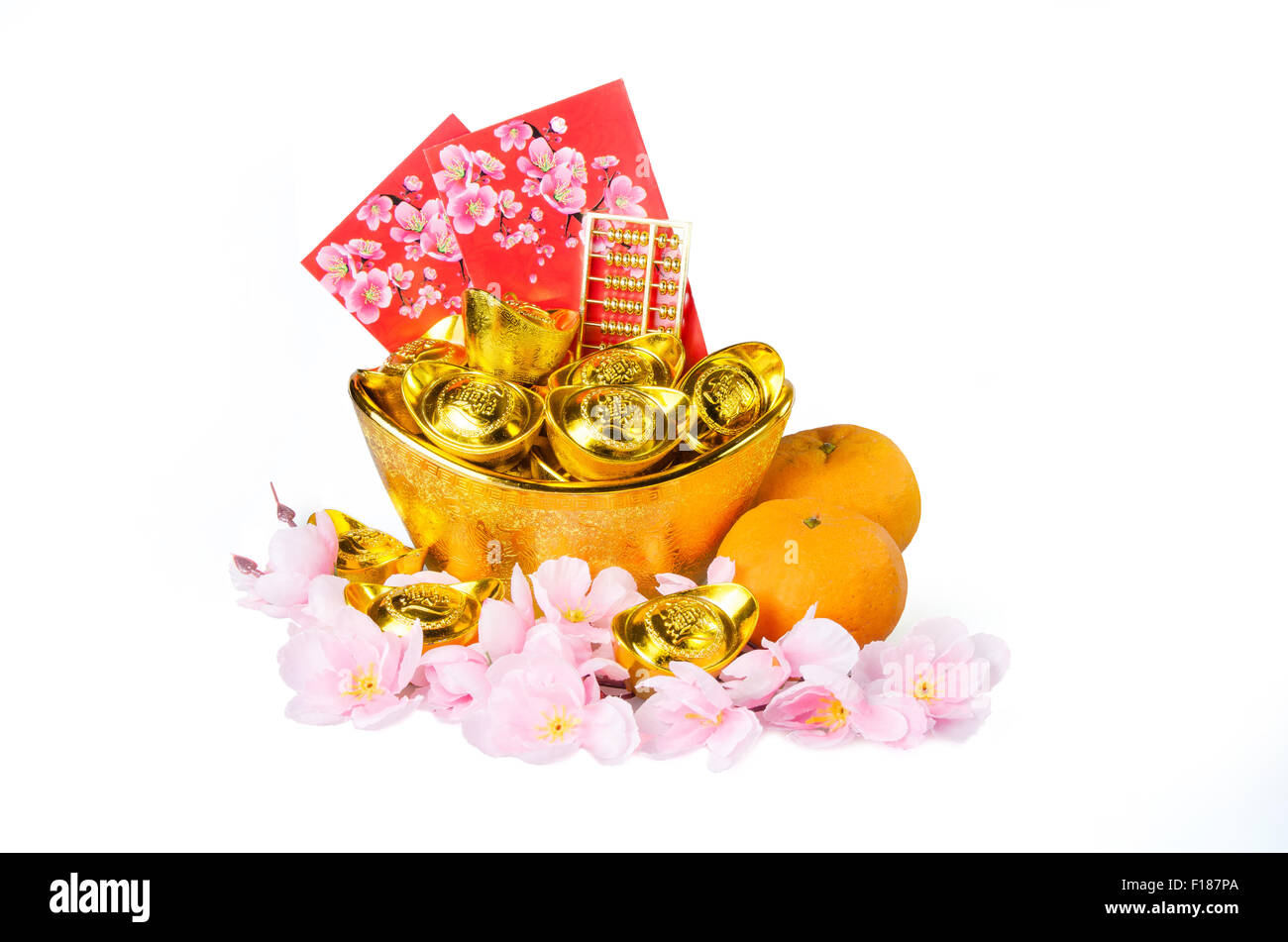Chinese gold ingots (Foreign text means blessing) decoration isolated ...