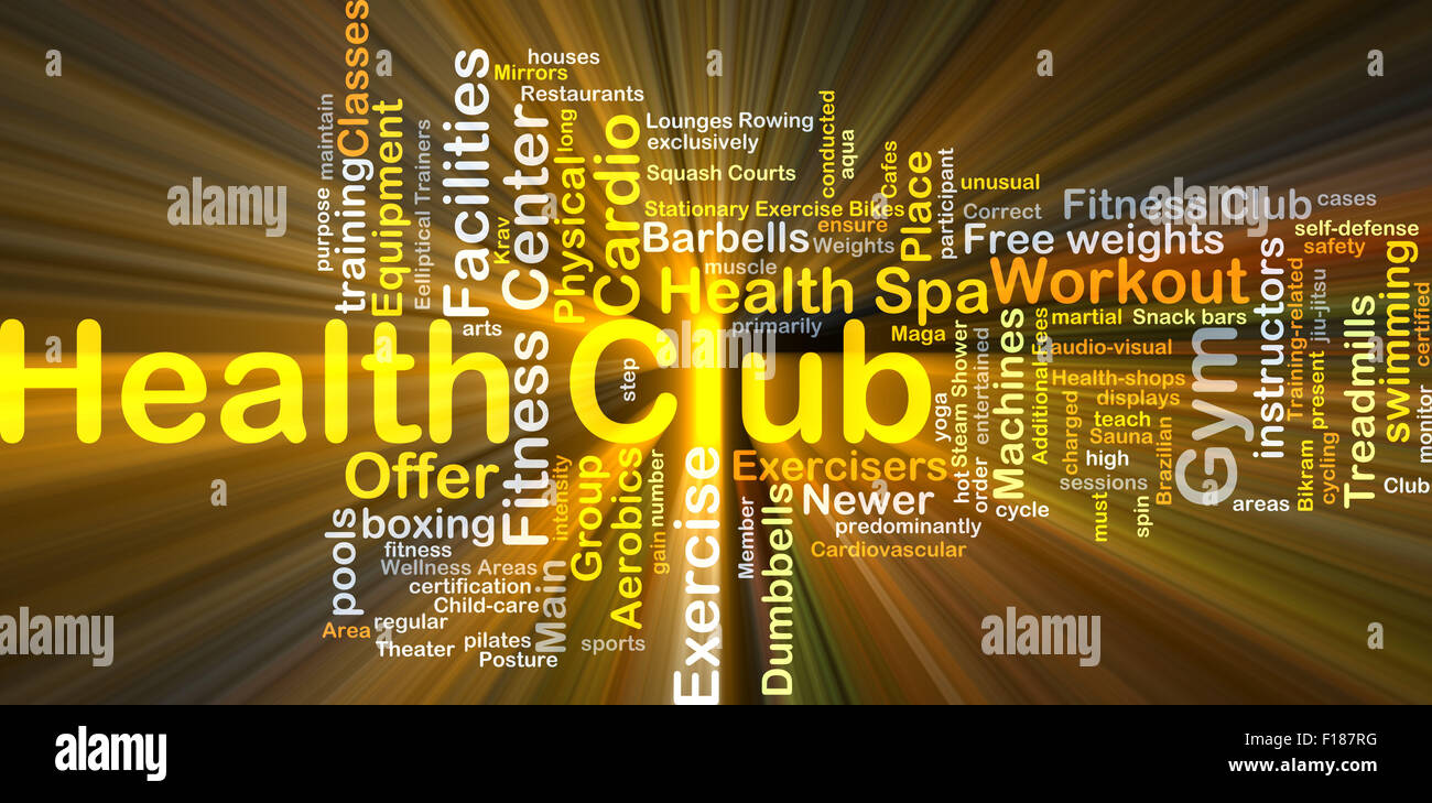 Background concept wordcloud illustration of health club glowing light ...