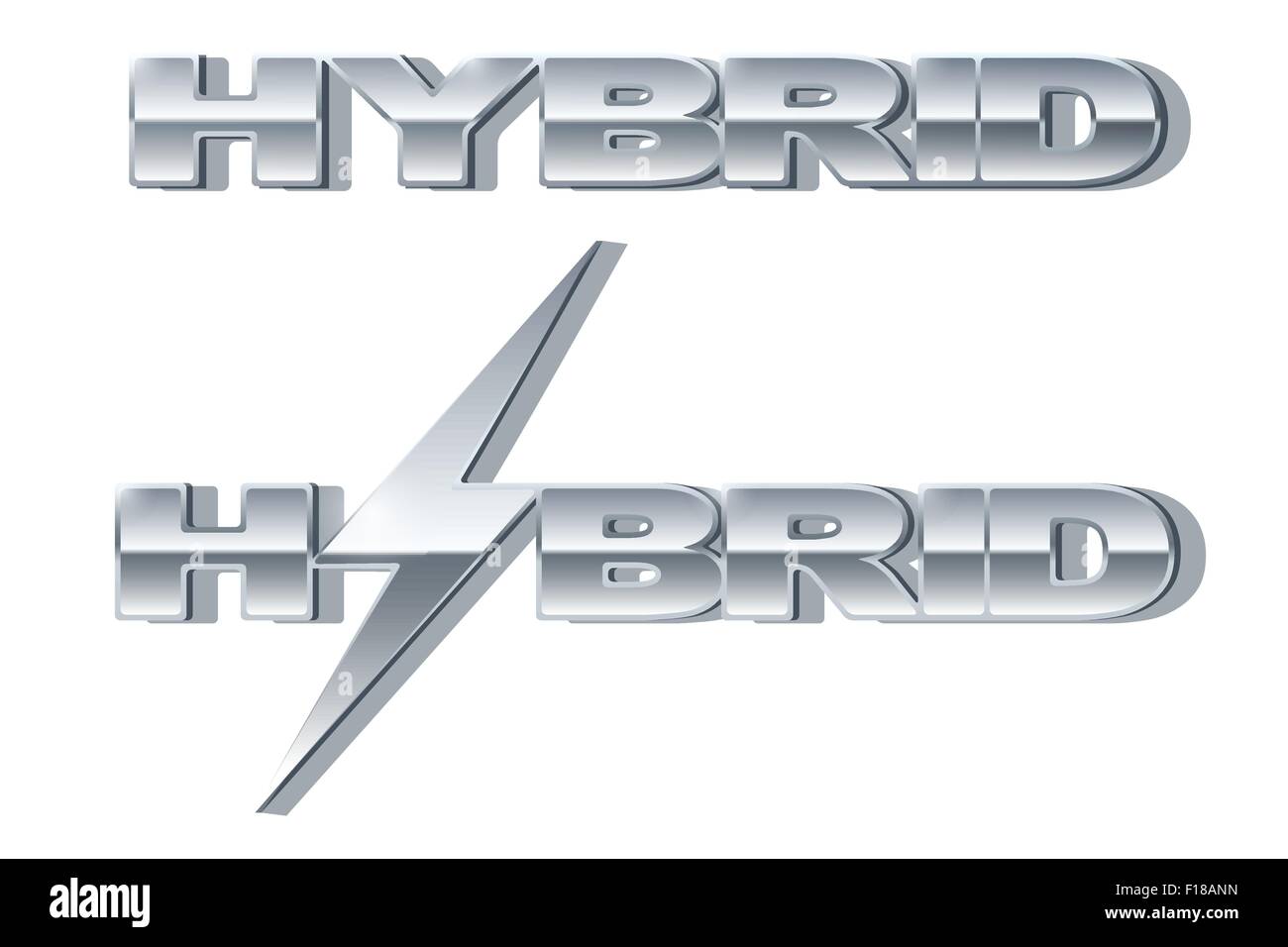 Silver letters Hybrid with lightning on metallic glossy surface Stock ...