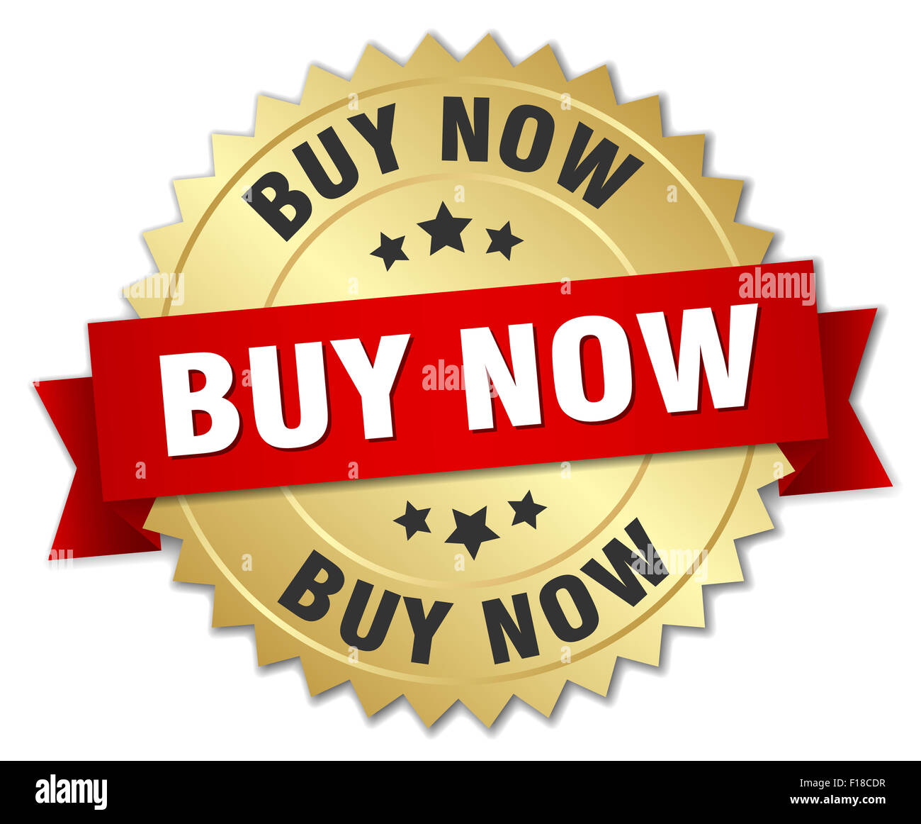 buy now 3d gold badge with red ribbon Stock Photo - Alamy