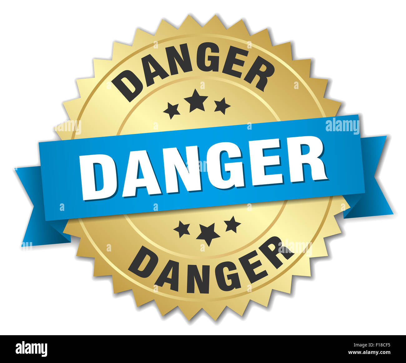 danger 3d gold badge with blue ribbon Stock Photo - Alamy