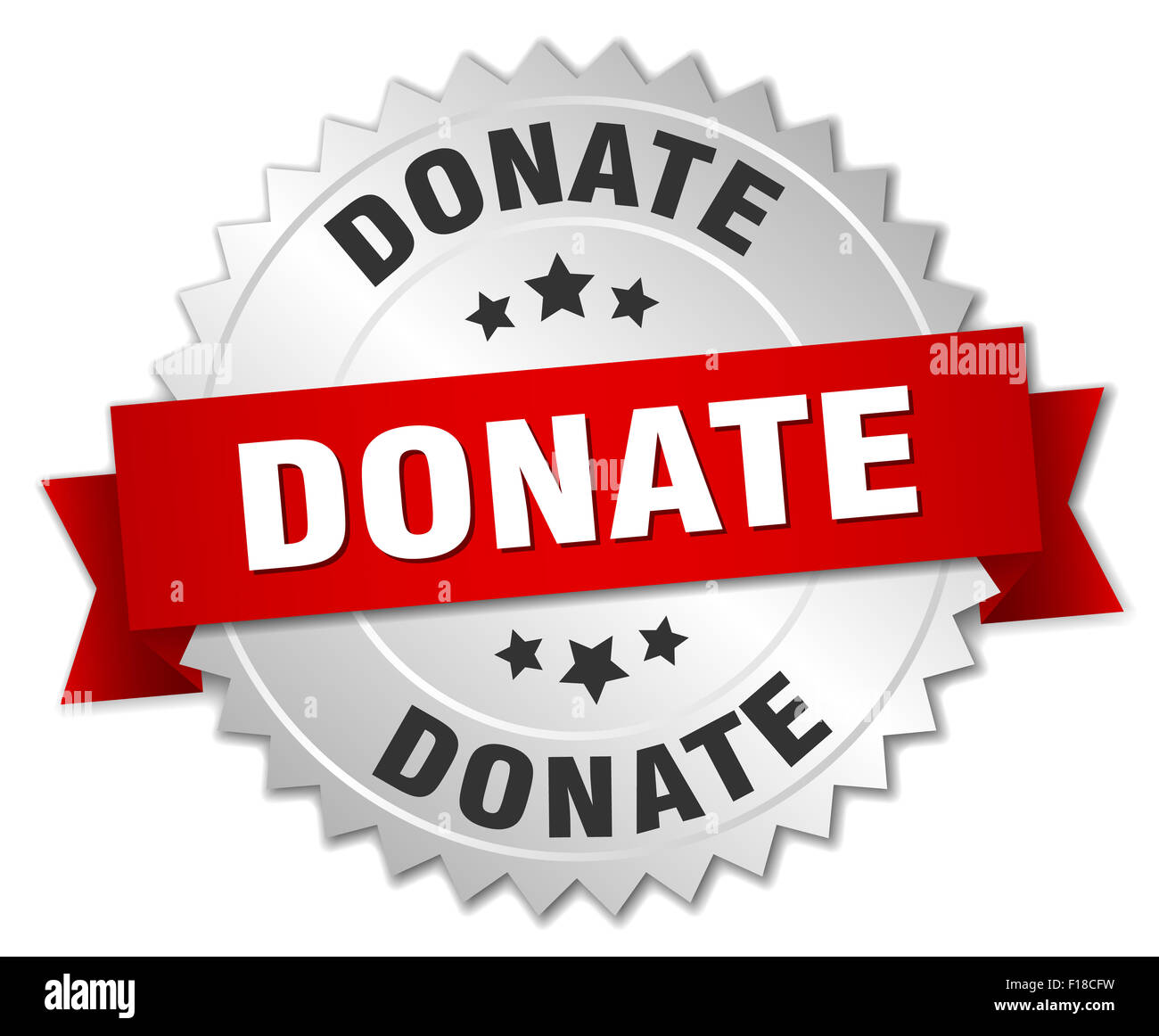 donate 3d silver badge with red ribbon Stock Photo - Alamy