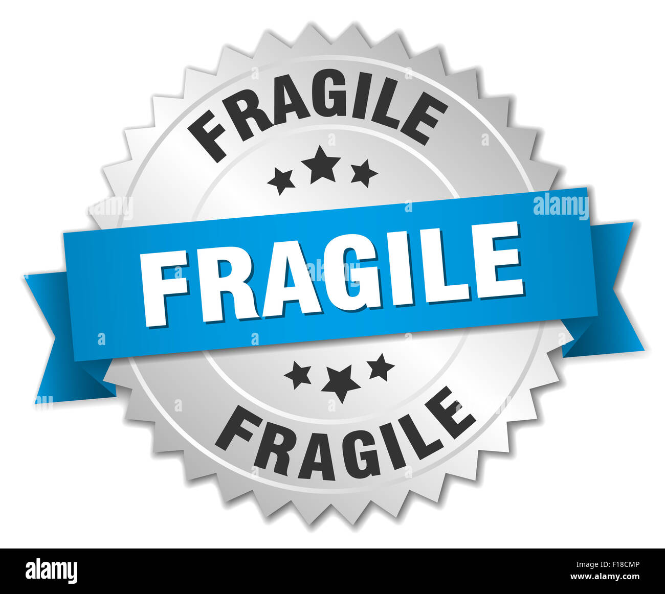 fragile 3d silver badge with blue ribbon Stock Photo - Alamy
