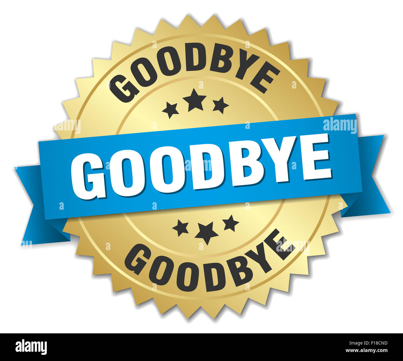 goodbye 3d gold badge with blue ribbon Stock Photo - Alamy