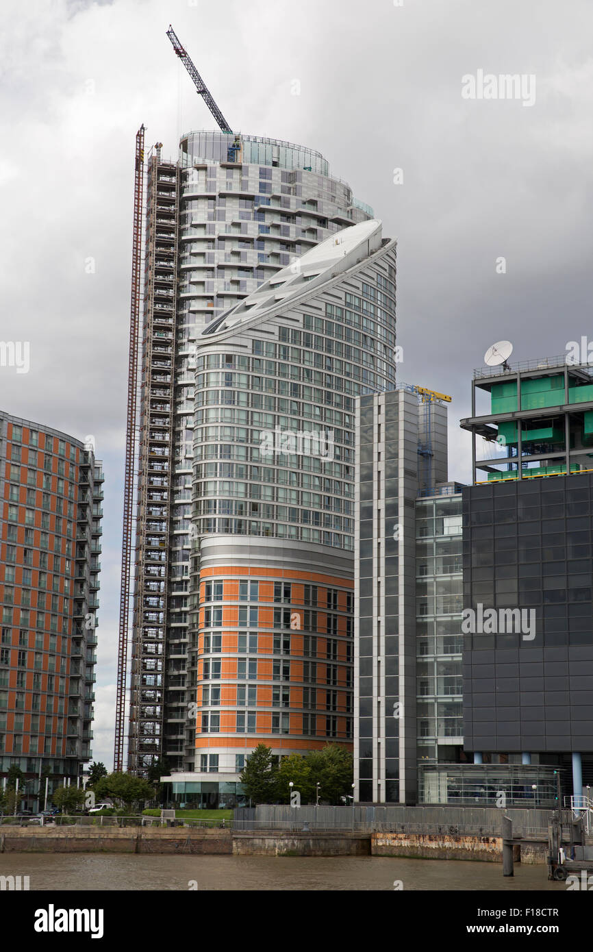 Riverside apartments and office buildings as seen from the River Thames ...