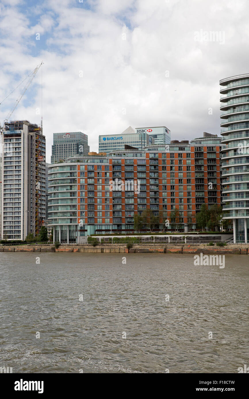 Riverside apartments and office buildings as seen from the River Thames ...