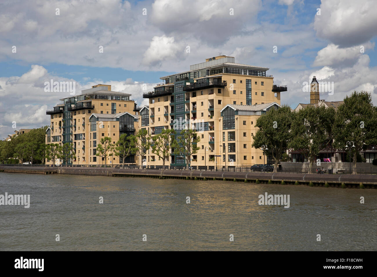 Riverside apartments and office buildings as seen from the River Thames ...