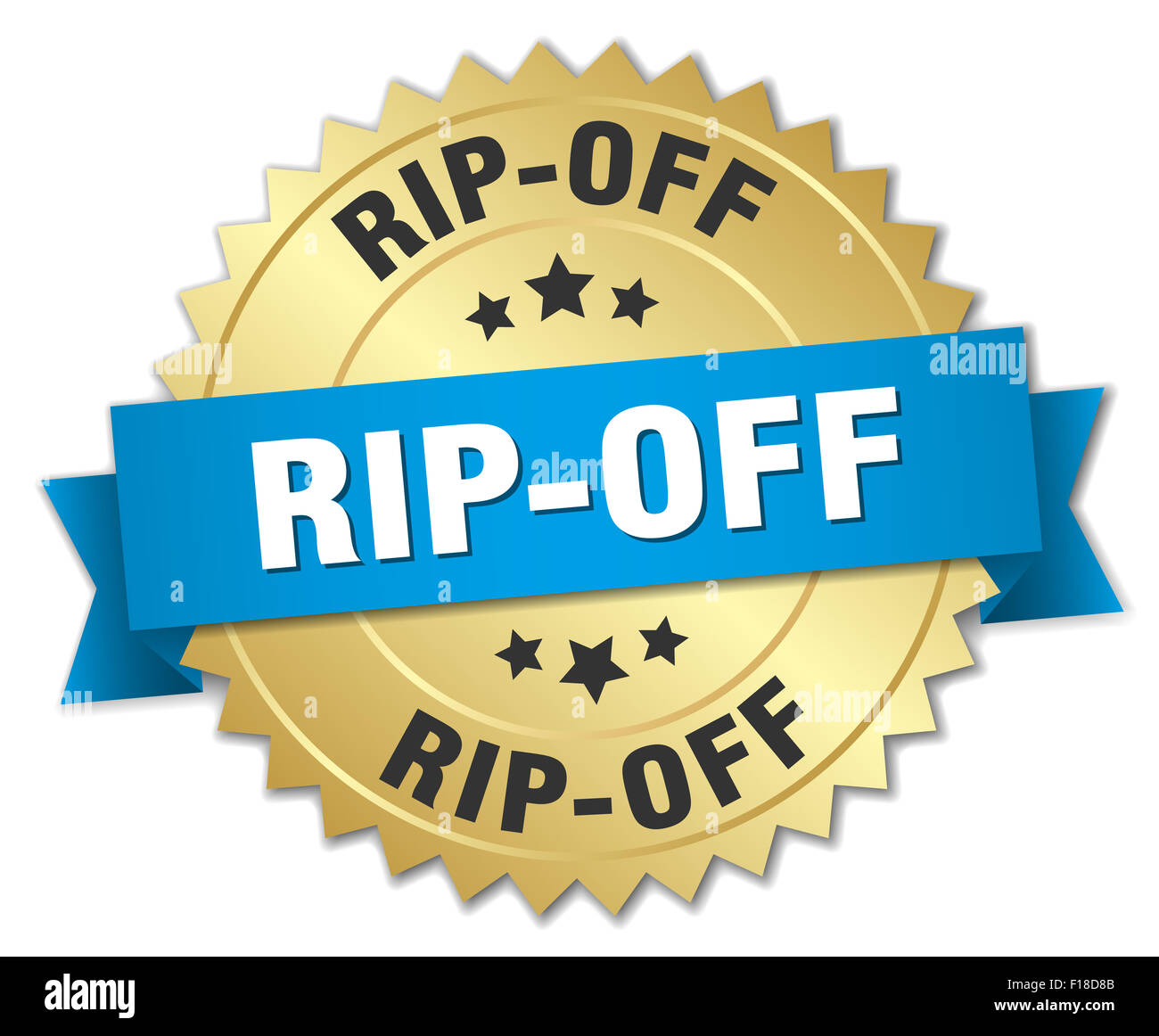 rip-off 3d gold badge with blue ribbon Stock Photo - Alamy