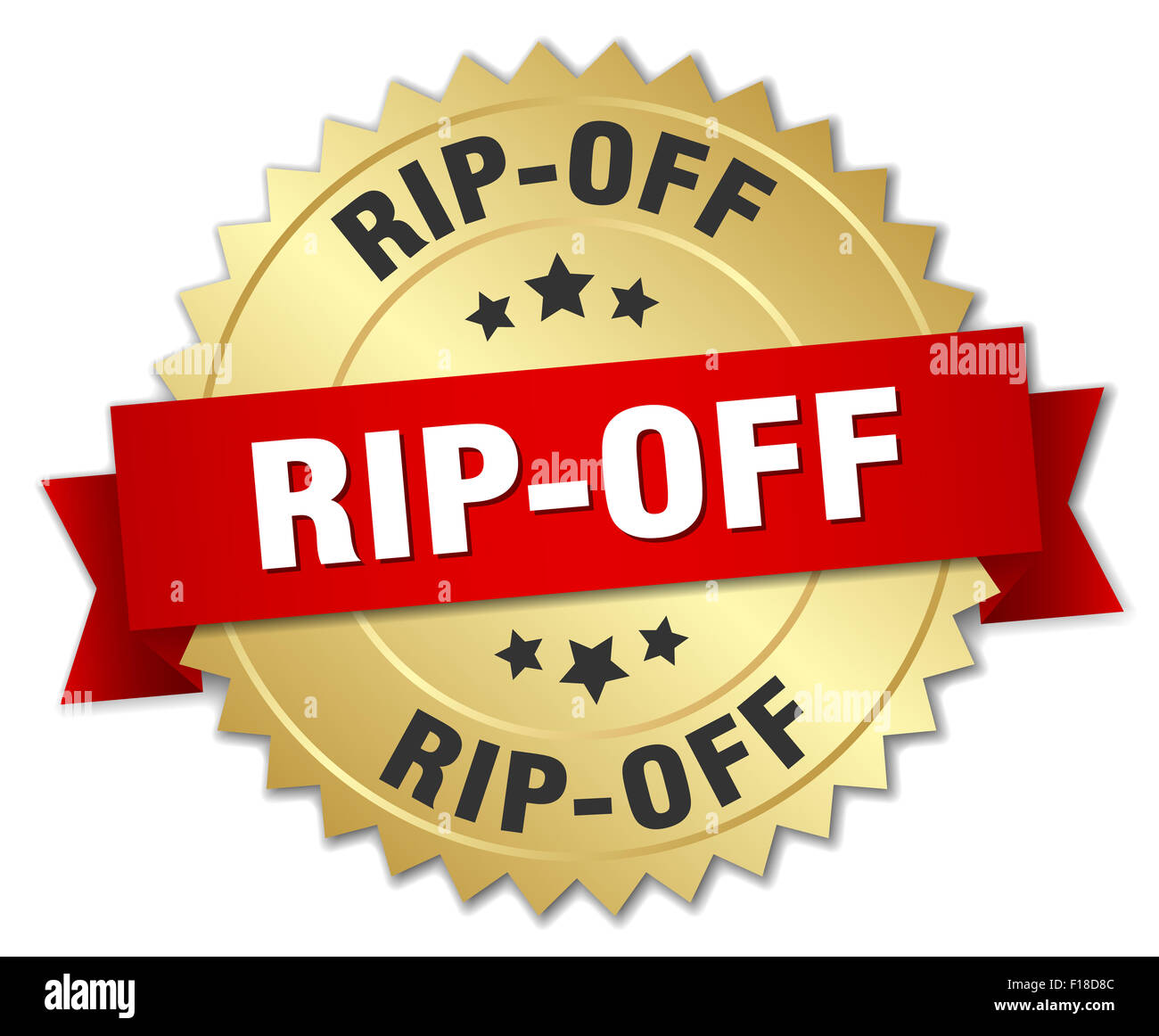 rip-off 3d gold badge with red ribbon Stock Photo - Alamy