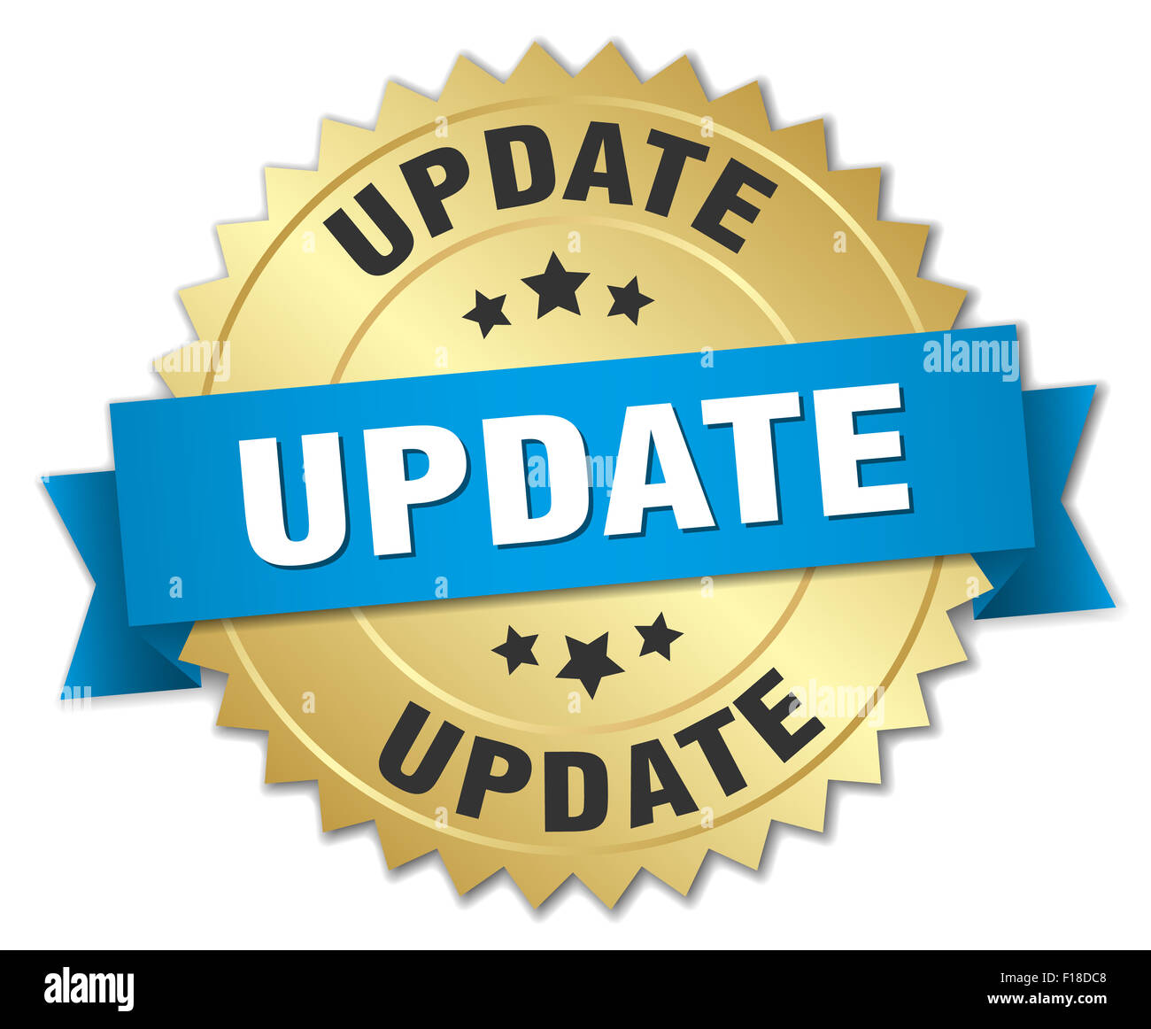 update 3d gold badge with blue ribbon Stock Photo - Alamy