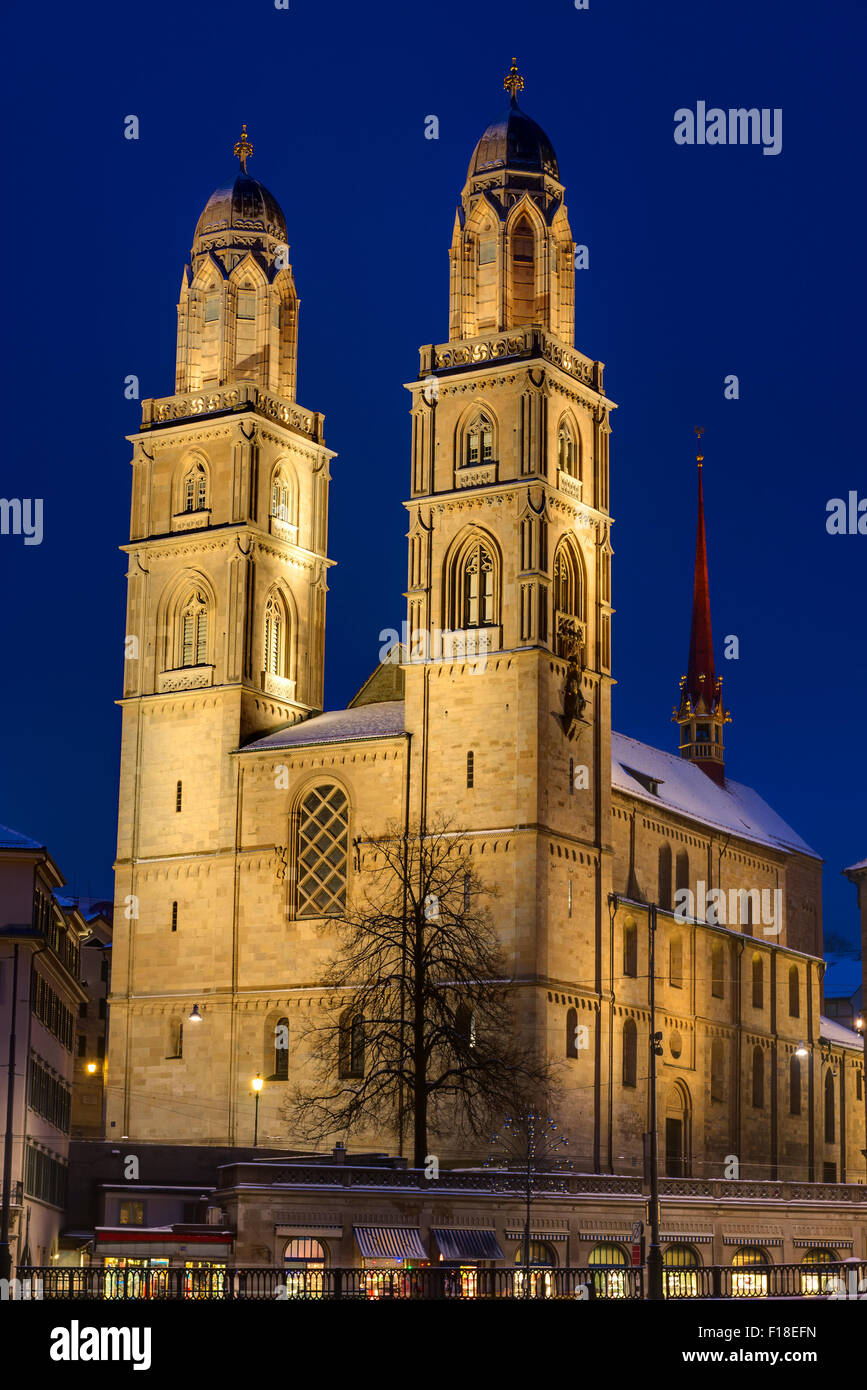 The famous Grossmunster church in Zurich at night Stock Photo - Alamy