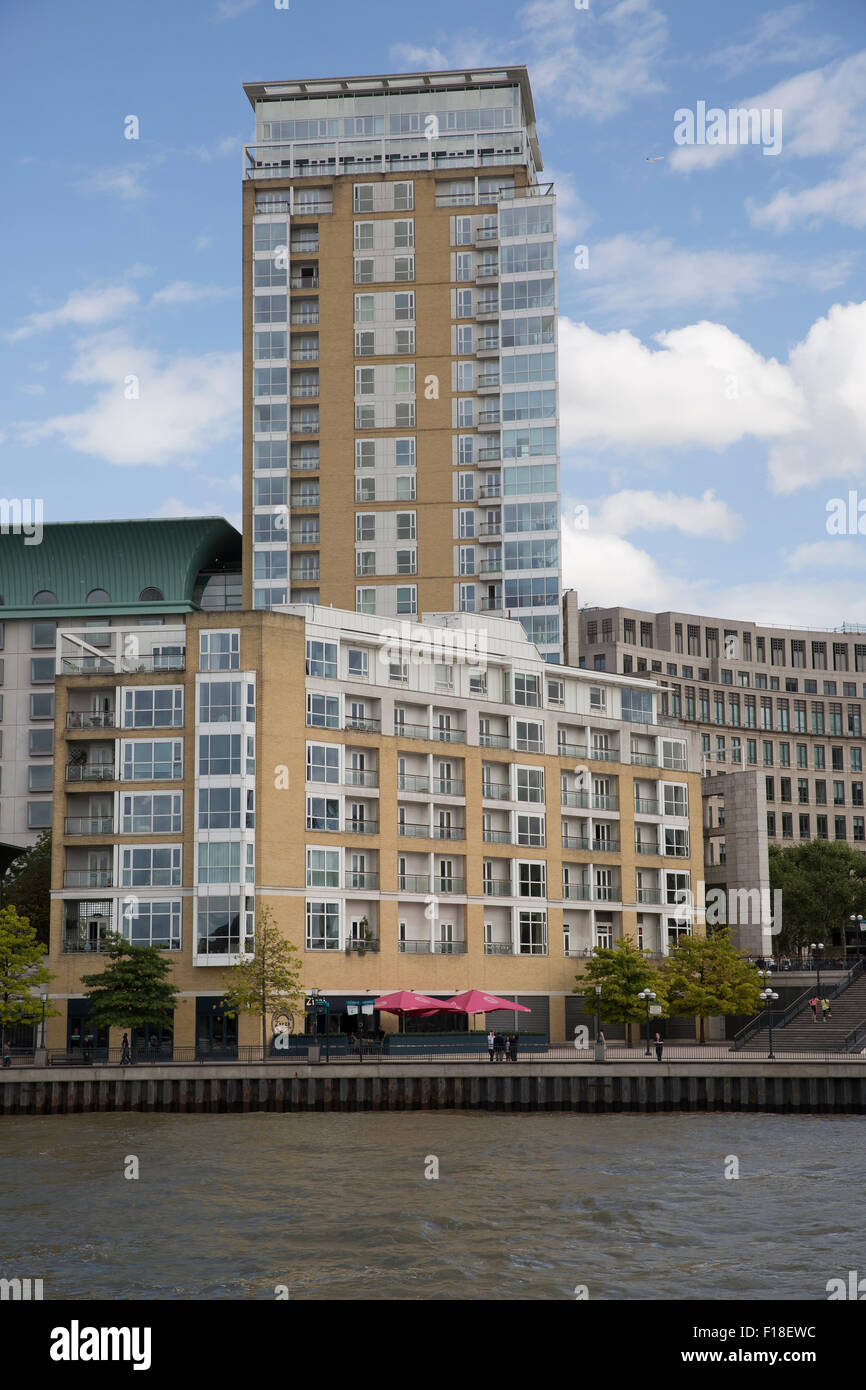 Riverside apartments and office buildings as seen from the River Thames ...