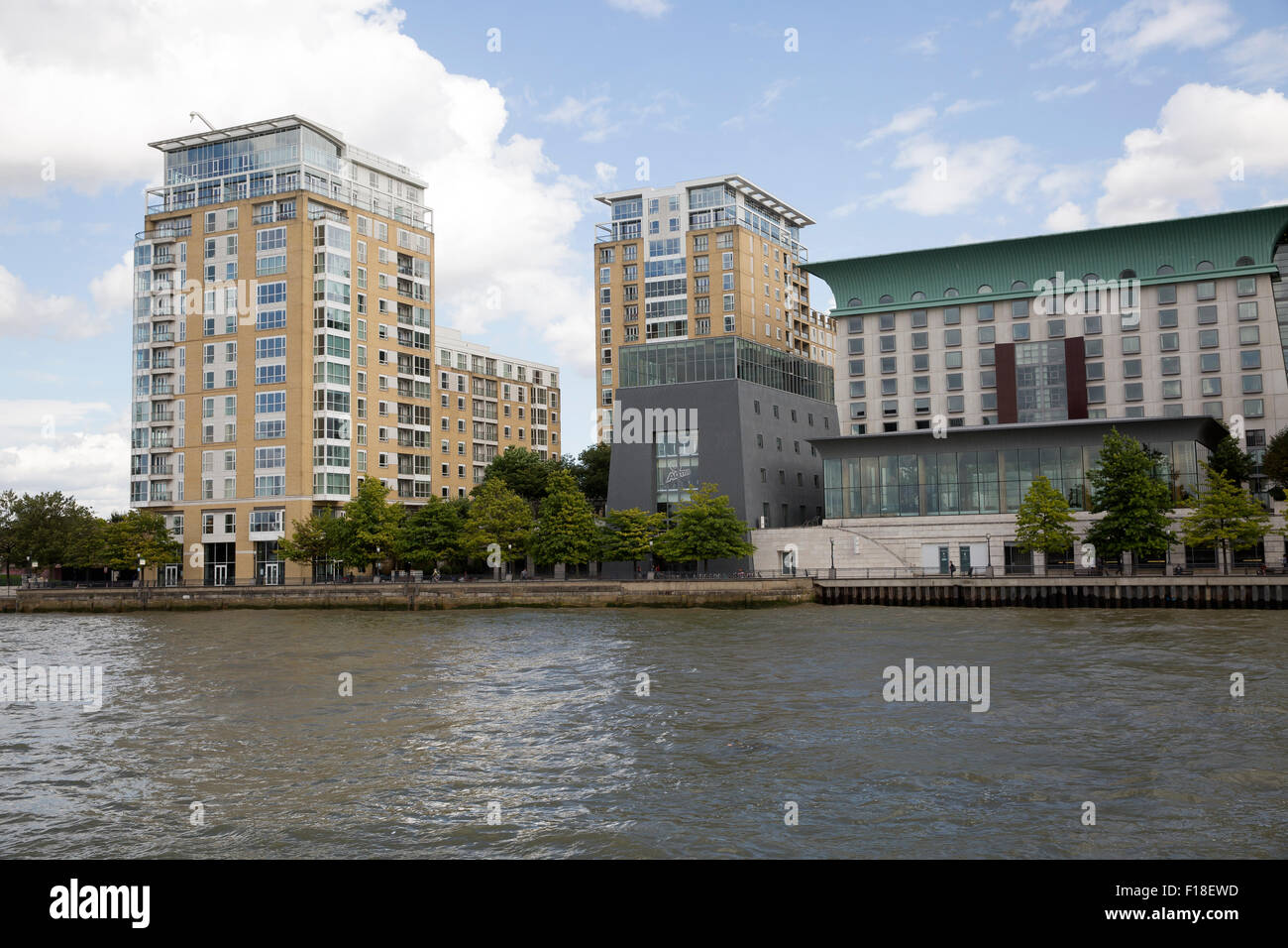 Riverside apartments and office buildings as seen from the River Thames ...