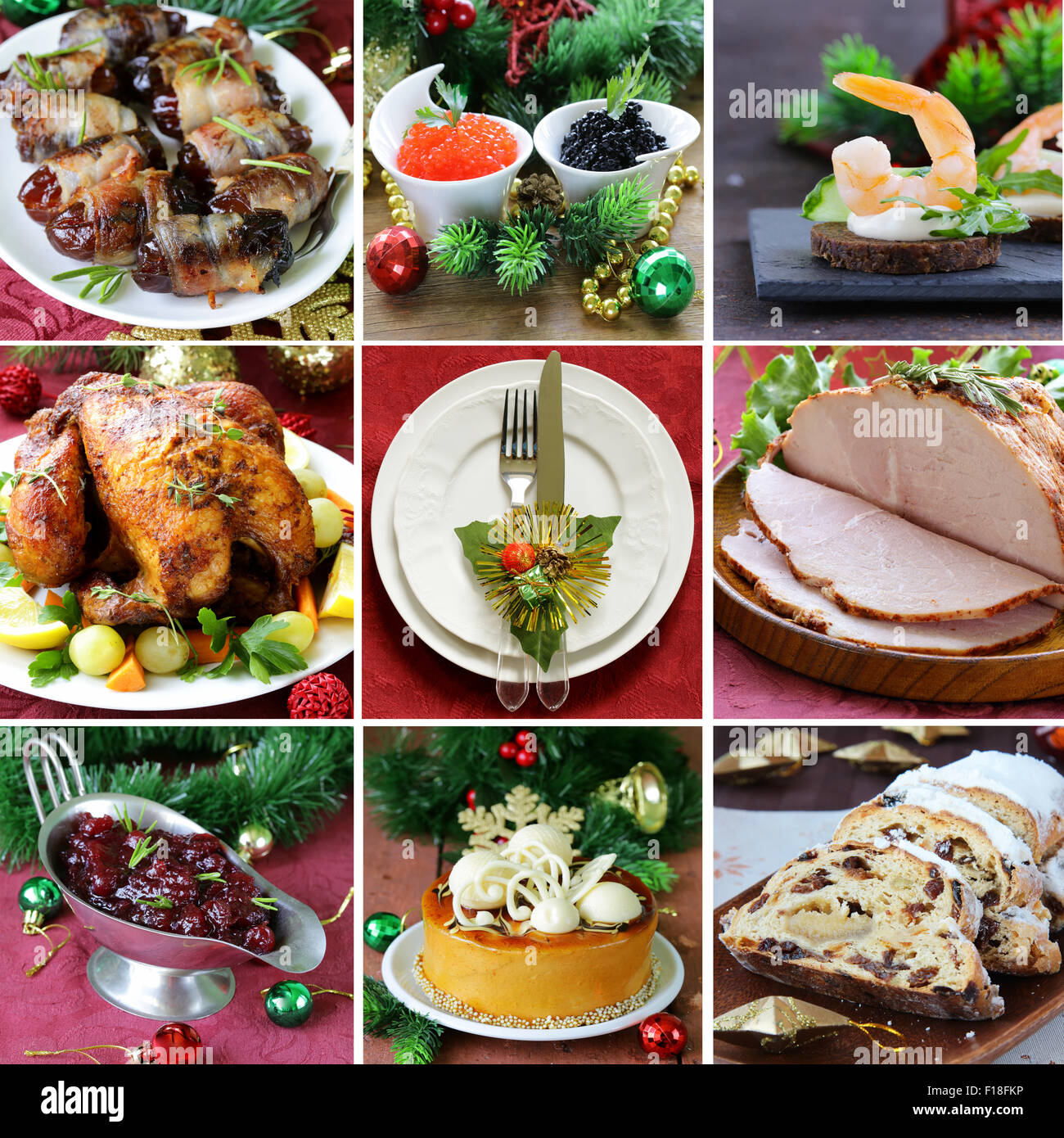collage festive Christmas menu (turkey, appetizers, cranberry sauce ...