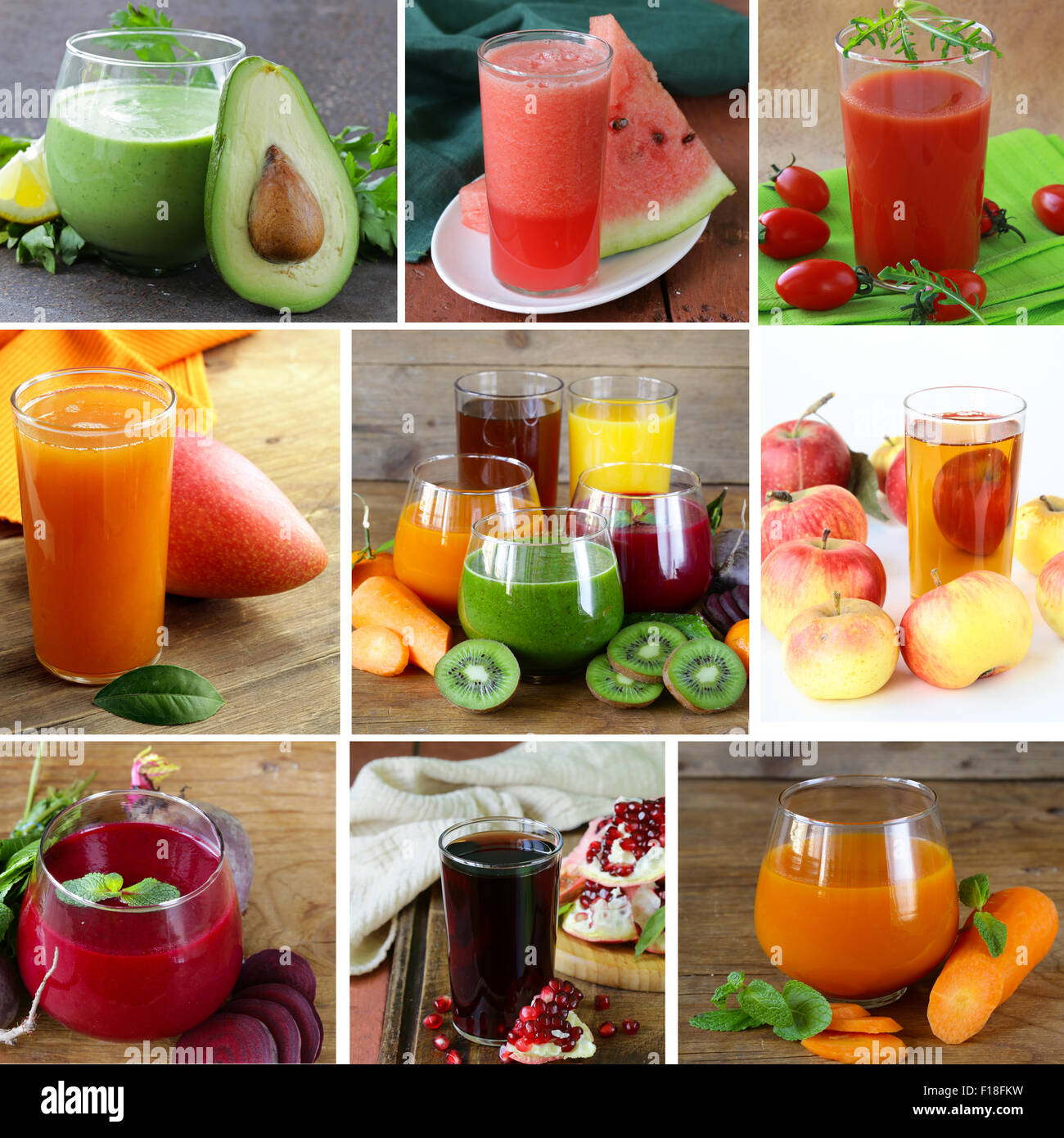 collage assorted fresh juices from fruits and vegetables Stock Photo ...