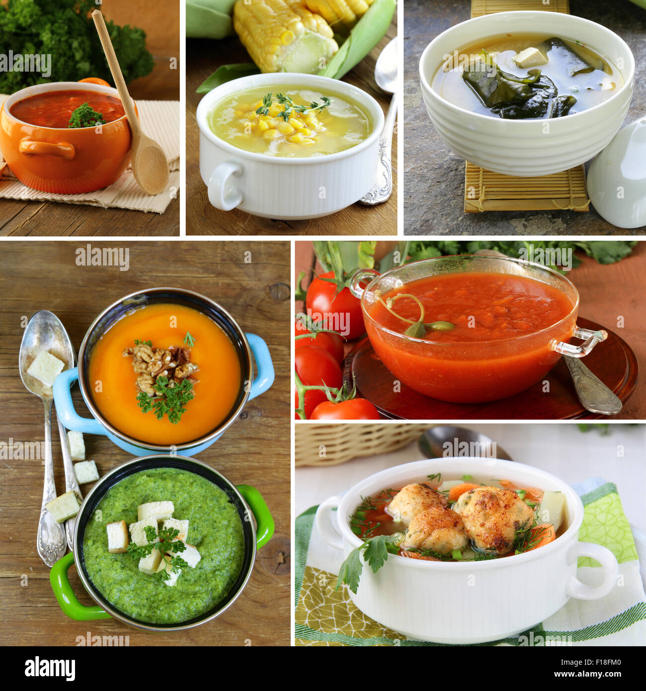 collage menu different soups (tomato, pumpkin, miso, spinach Stock ...