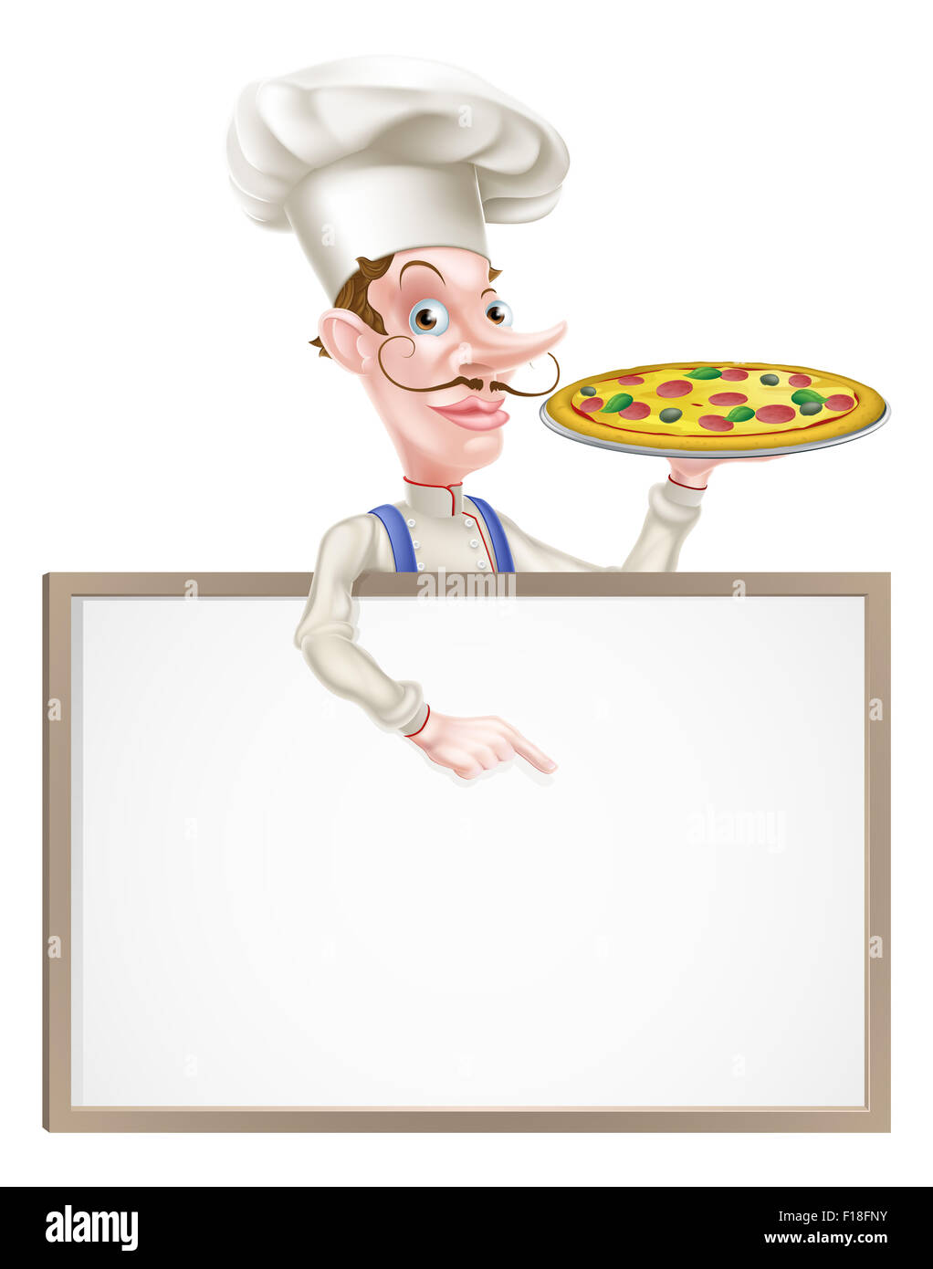 An illustration of a cartoon chef holding a tray with a pizza on it and ...